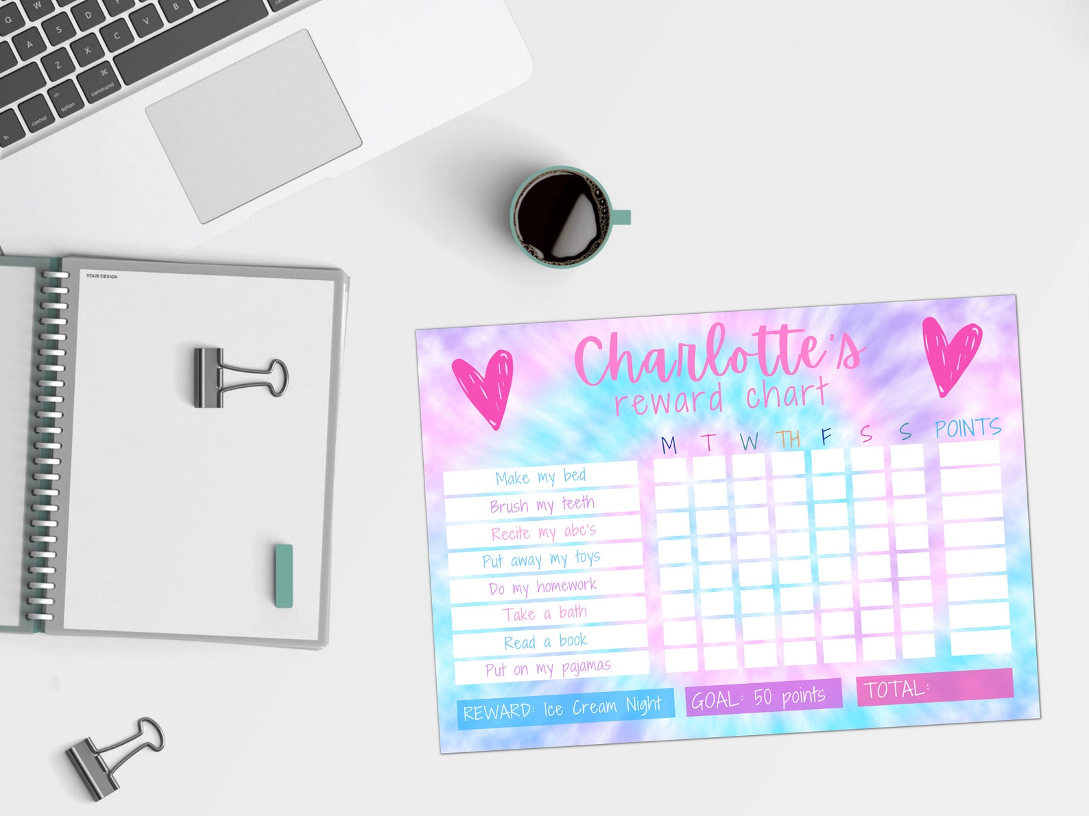 Editable Kids Chore Chart Tie Dye Colors, Kids Tie Dye Reward Chart ...