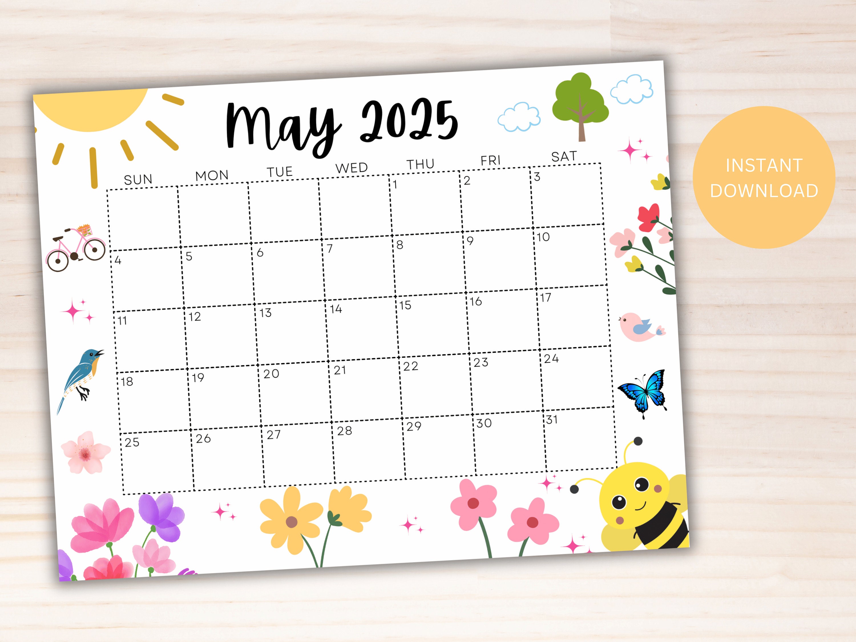 Calendário EDITÁVEL de maio de 2025, calendário de parede para impressão 2025, calendário fofo ...