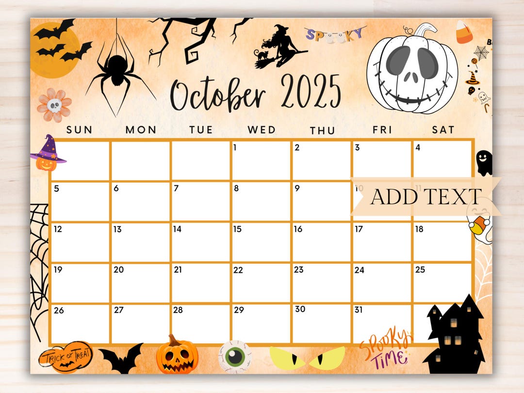 Editable October 2025 Calendar, Printable Spooky Halloween Calendar W ...