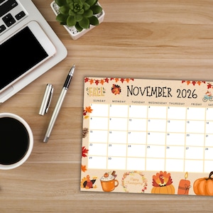 Printable November 2026 Calendar, Editable Fall Calendar, School ...