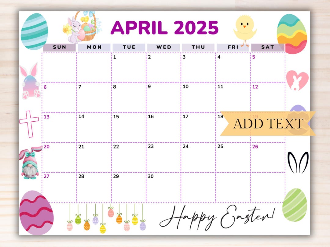 EDITABLE April 2025 Calendar, Printable Happy Easter, Cute Purple ...
