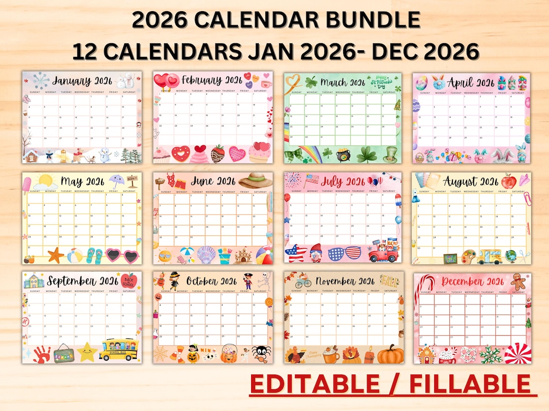 Editable 2026 Monthly Calendars W/ Cute Designs- Printable Fillable ...