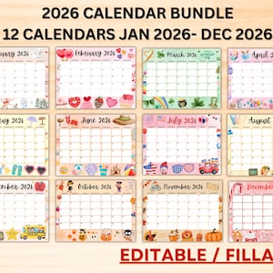 Editable 2026 Monthly Calendars W/ Cute Designs- Printable Fillable ...