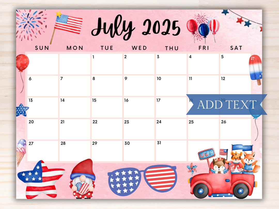 EDITABLE Fourth of July 2025 Calendar for Summer, Printable Homeschool ...