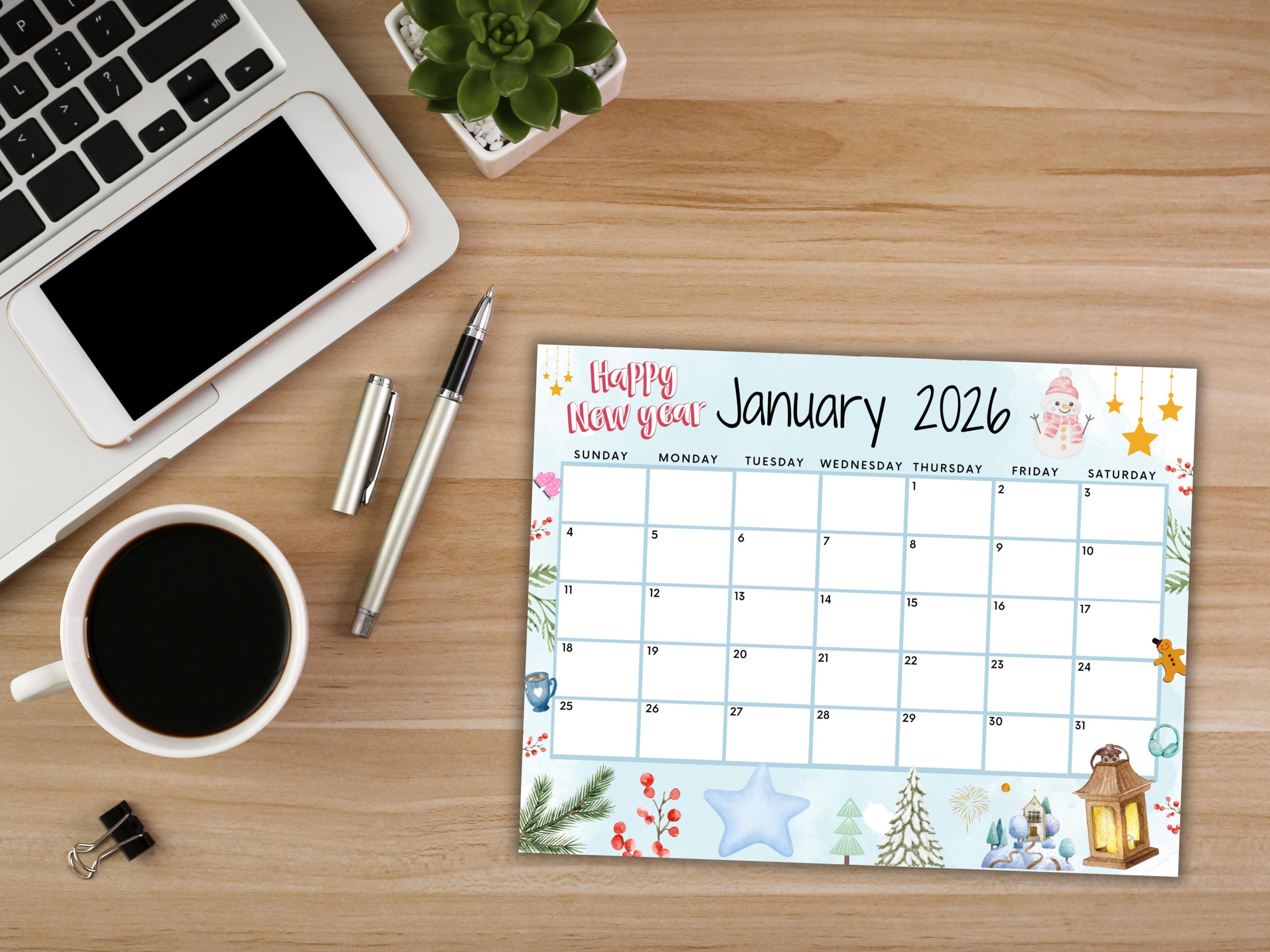 Editable January Calendar 2026, Cute Printable Calendar for January ...