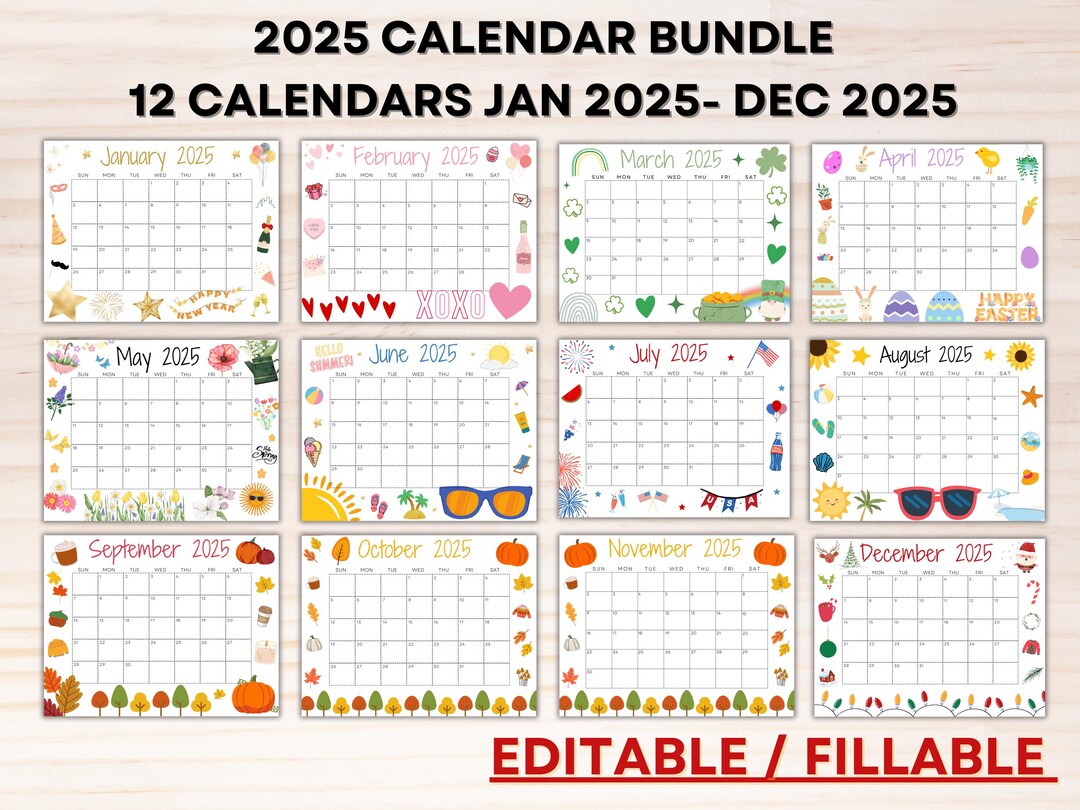Editable January 2025 Calendar Bundle- Printable Wall Calendar 2025 ...