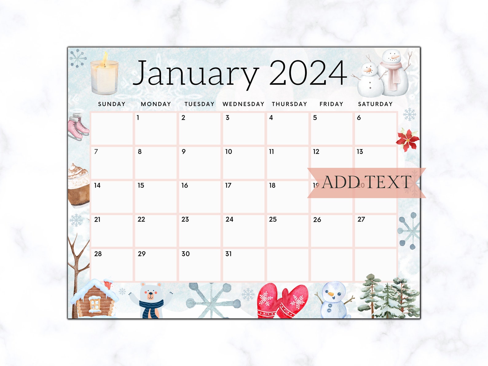 Editable January Calendar 2024, Printable Wall Calendar 2024, Cute ...