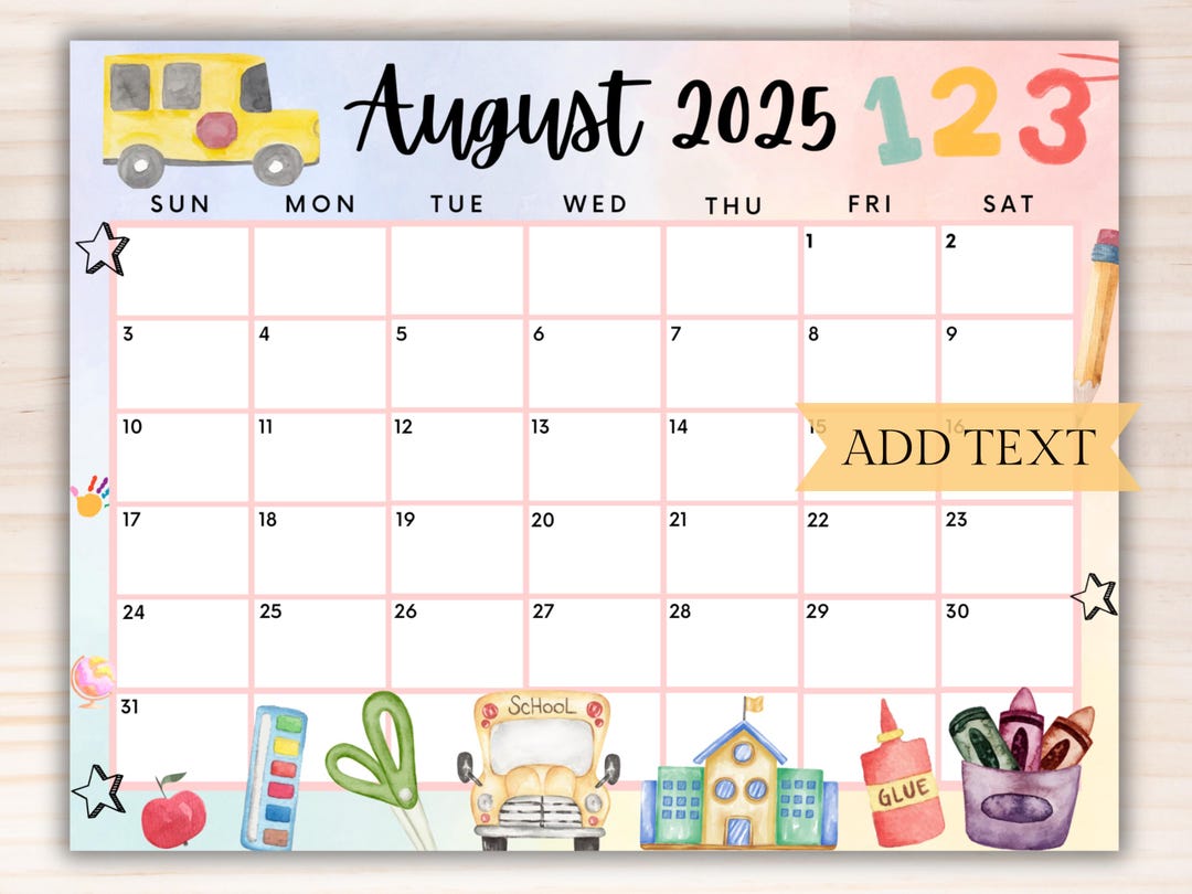 Printable August 2025 Calendar, Editable Calendar 2025, Back to School ...