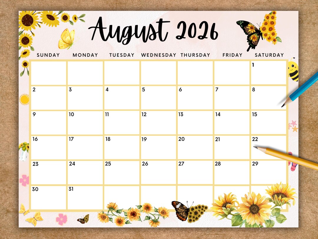 EDITABLE August 2026 Calendar, Printable Butterfly Sunflower Calendar ...