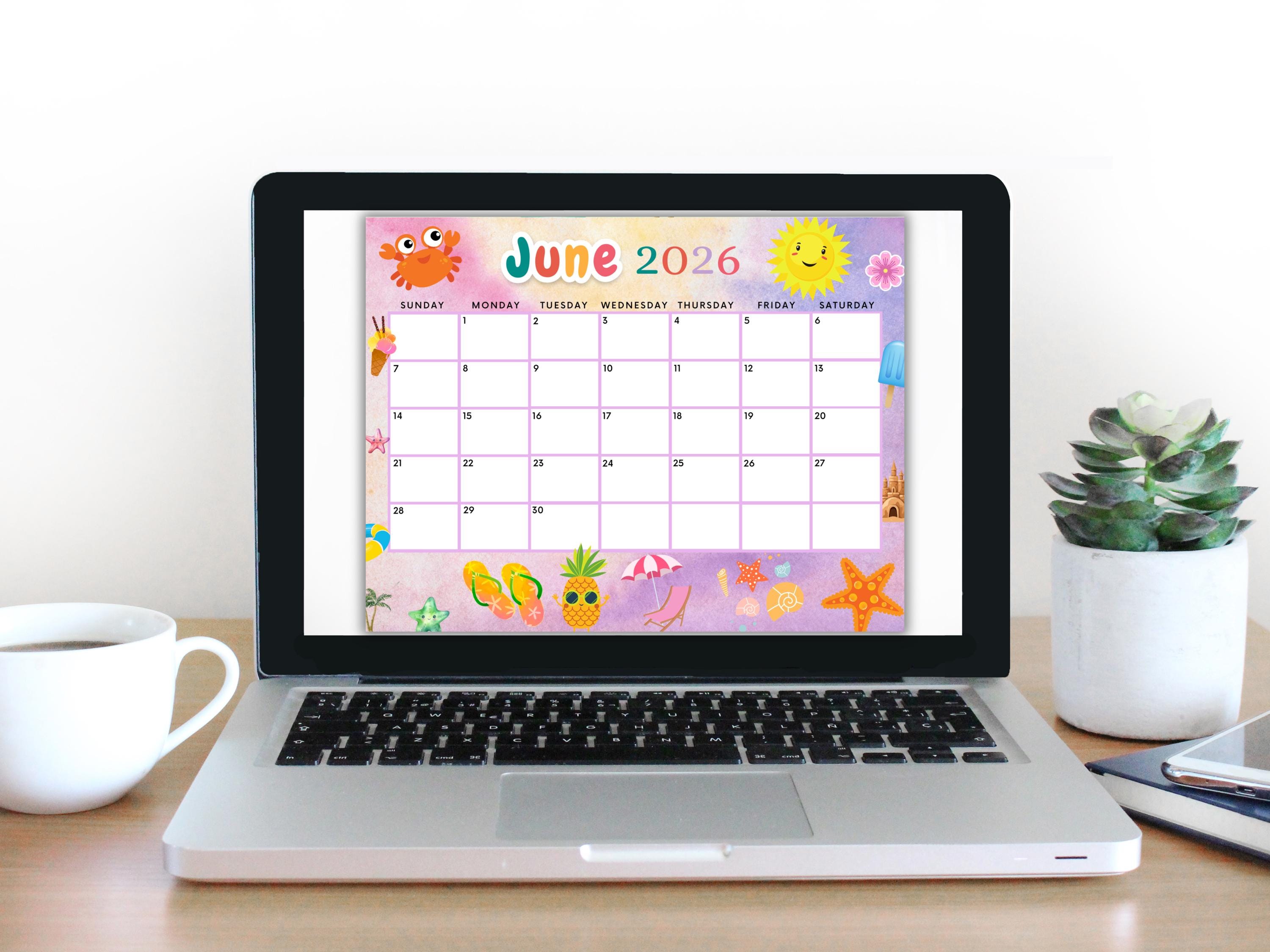 EDITABLE June 2026 Printable Calendar, Summer Fun Calendar, Beautiful ...