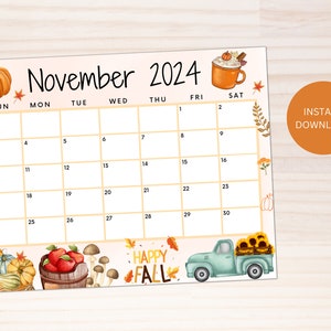 Editable November 2024 Calendar, Printable Wall Calendar 2024, Fall ...