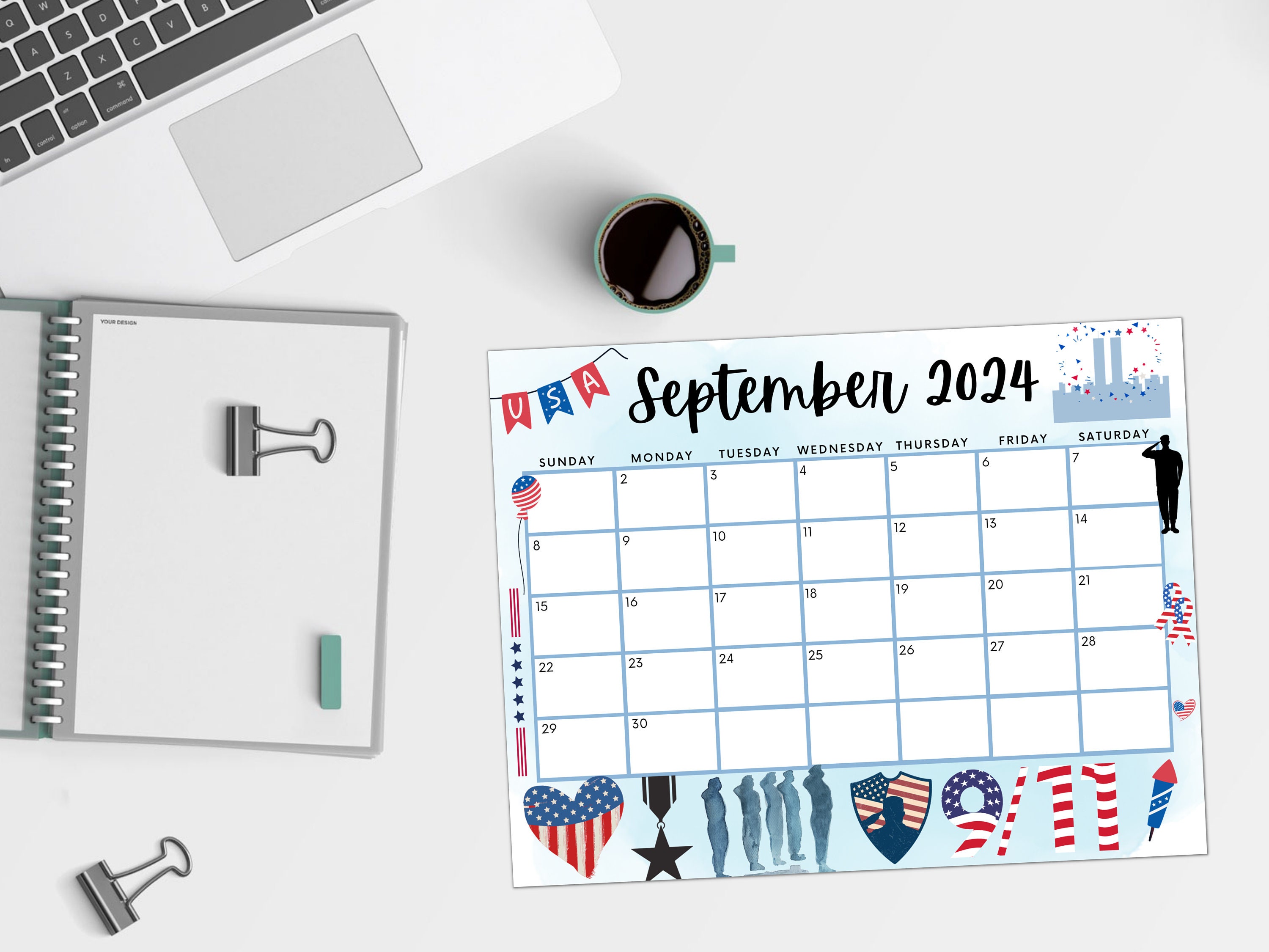 Editable September 2024 Calendar, Printable 9/11 Calendar, Patriotic ...