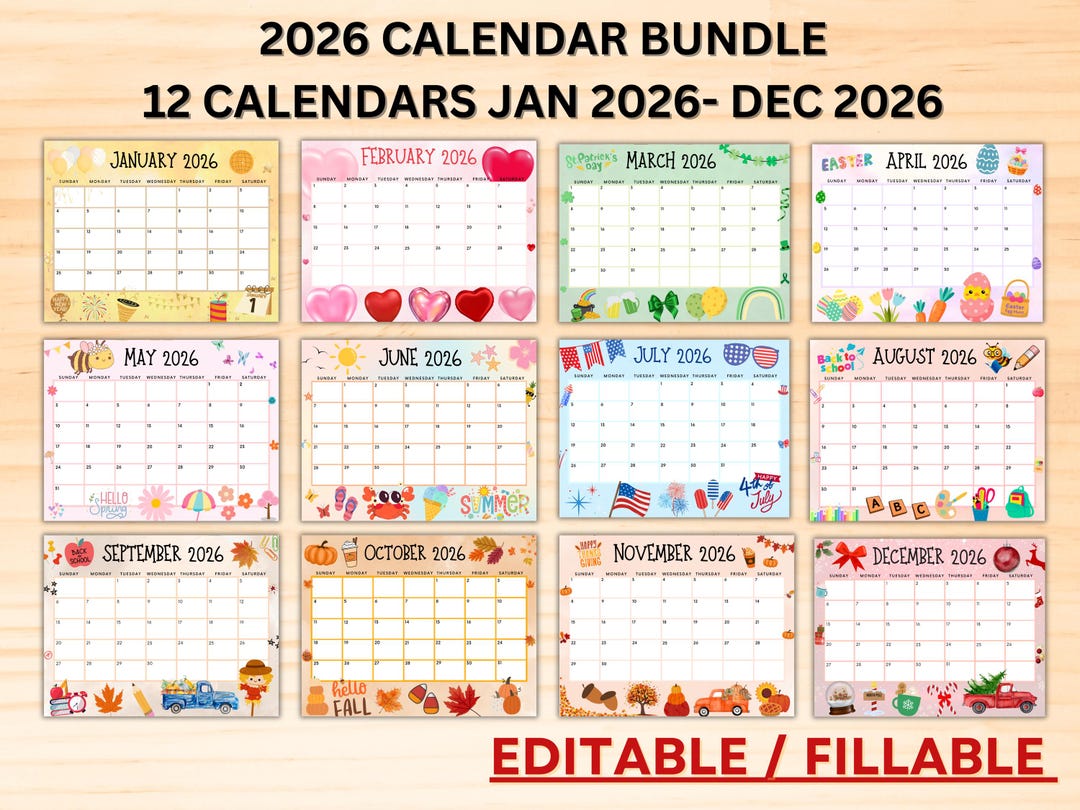 Editable 2026 Calendar Bundle- Holiday Calendars Printable- Homeschool ...