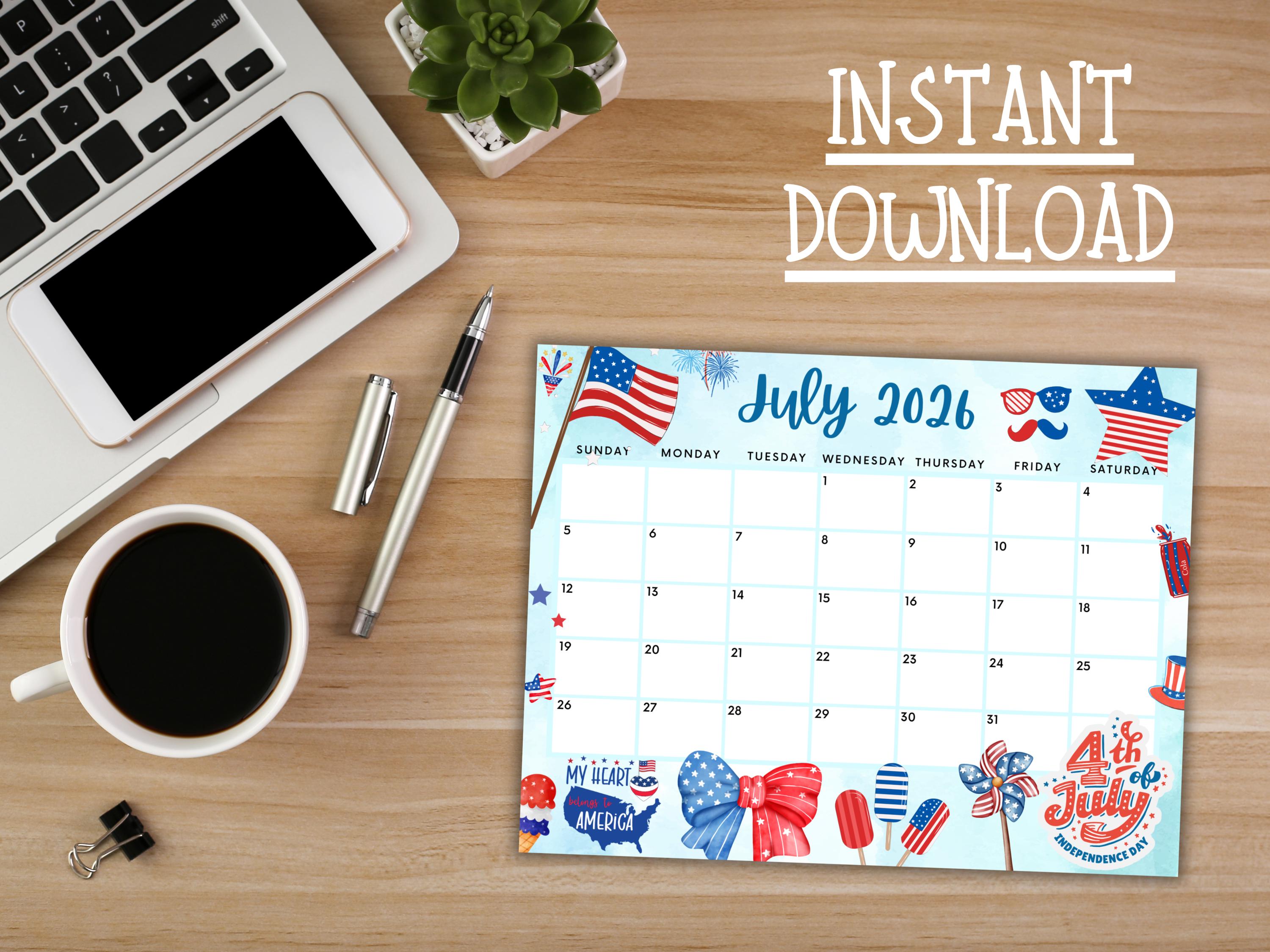 Editable Fourth of July 2026 Calendar, Printable Summer Calendar W ...