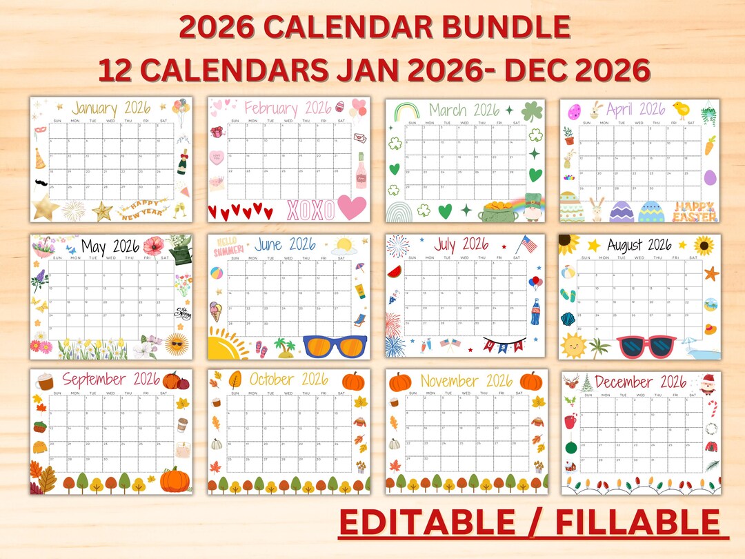 Editable 2026 Calendar Bundle- Printable Monthly Calendars for the Year ...