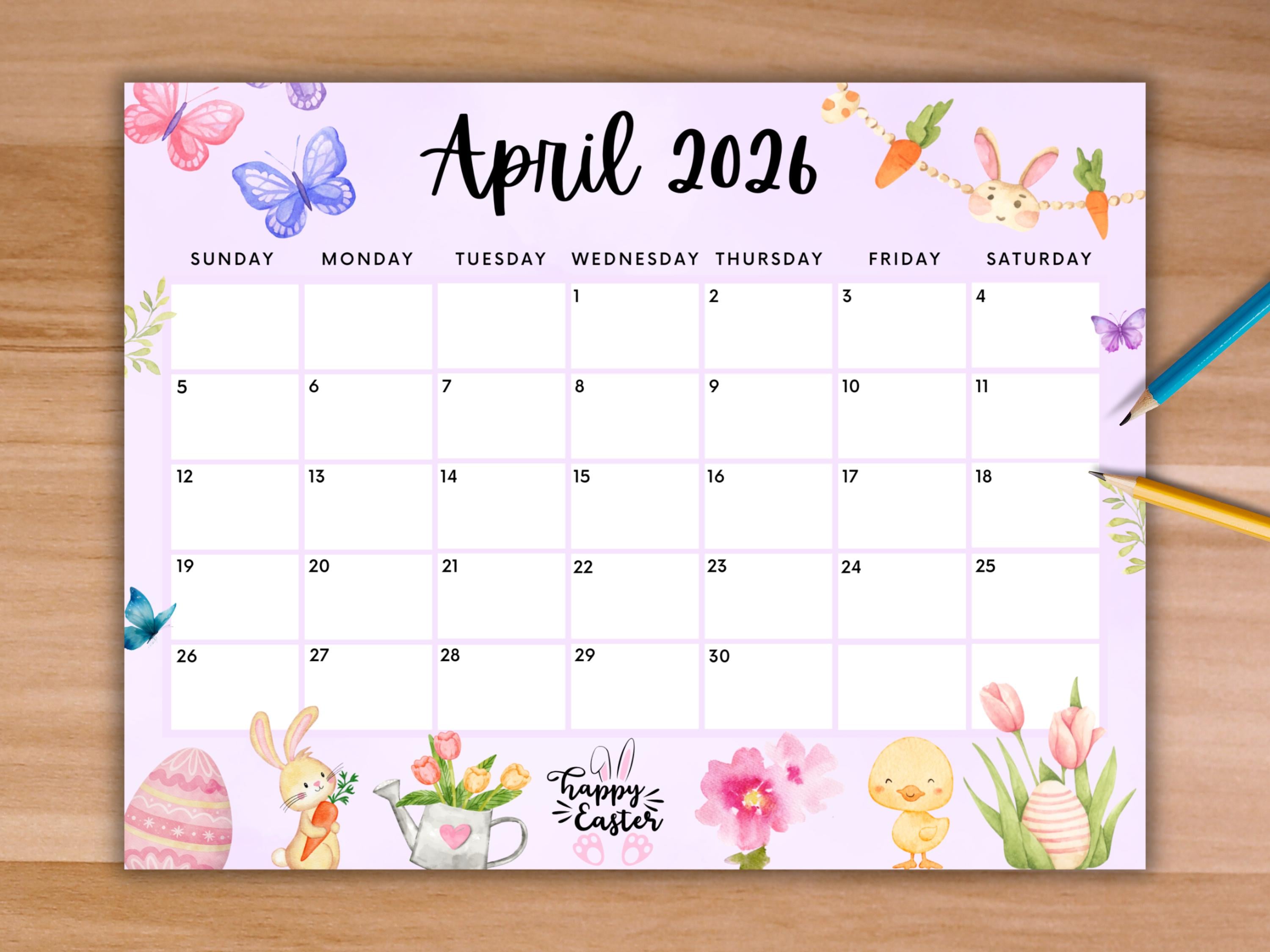 EDITABLE April 2026 Calendar, Printable Calendar, Happy Easter, Spring ...