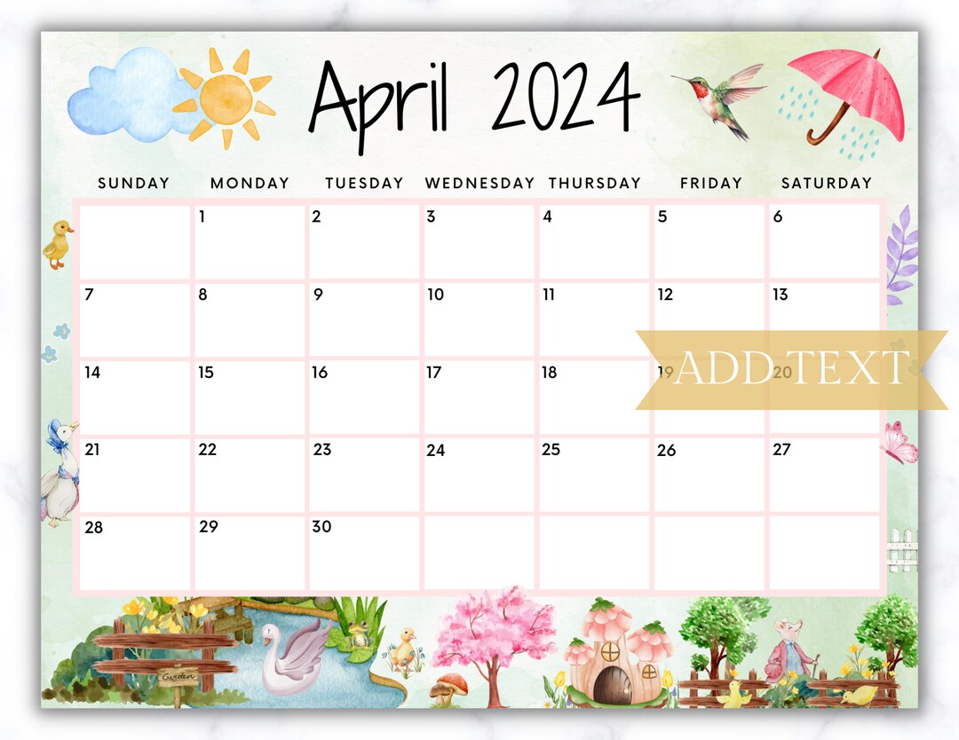 Buy Editable April 2024 Calendar Printable Calendar for Spring Online ...