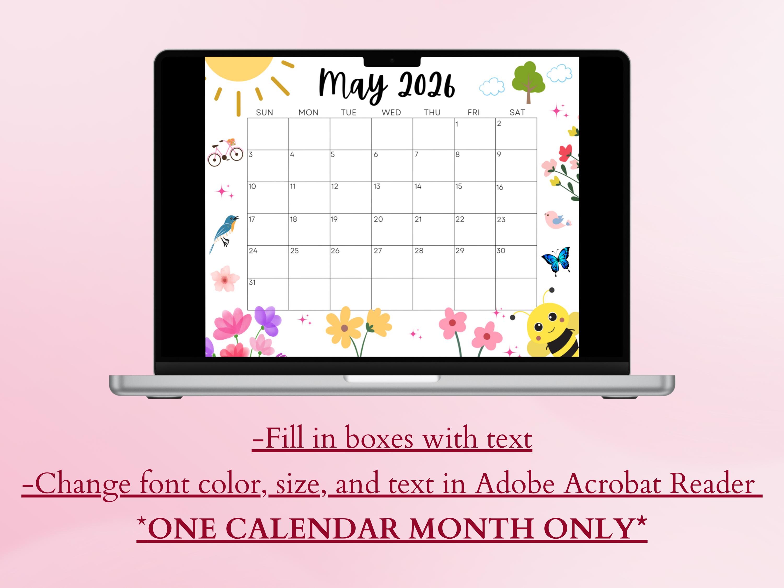 EDITABLE May 2026 Calendar, Printable Wall Calendar 2026, Cute Calendar ...