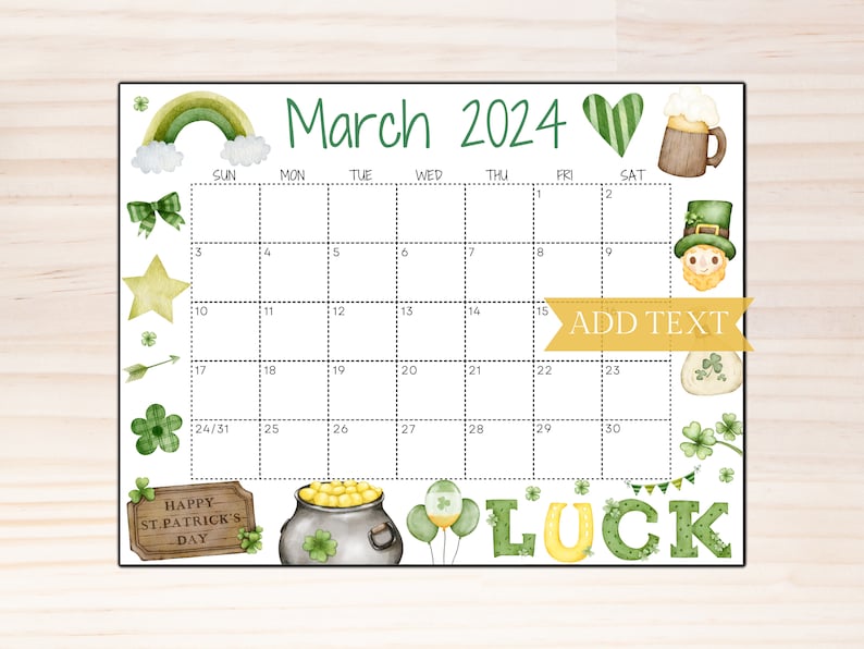 EDITABLE March 2024 Calendar, Printable Calendar 2024 W/ St Patricks ...
