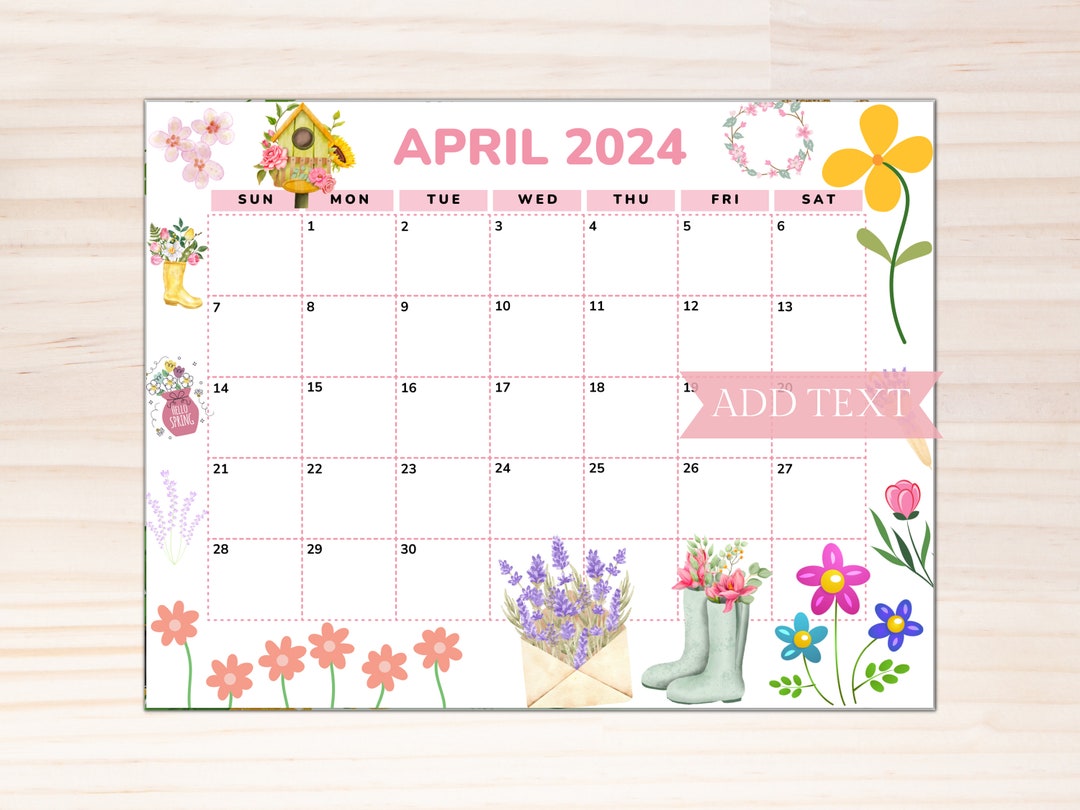 Buy EDITABLE April 2024 Calendar, Printable Calendar 2024, Pink ...