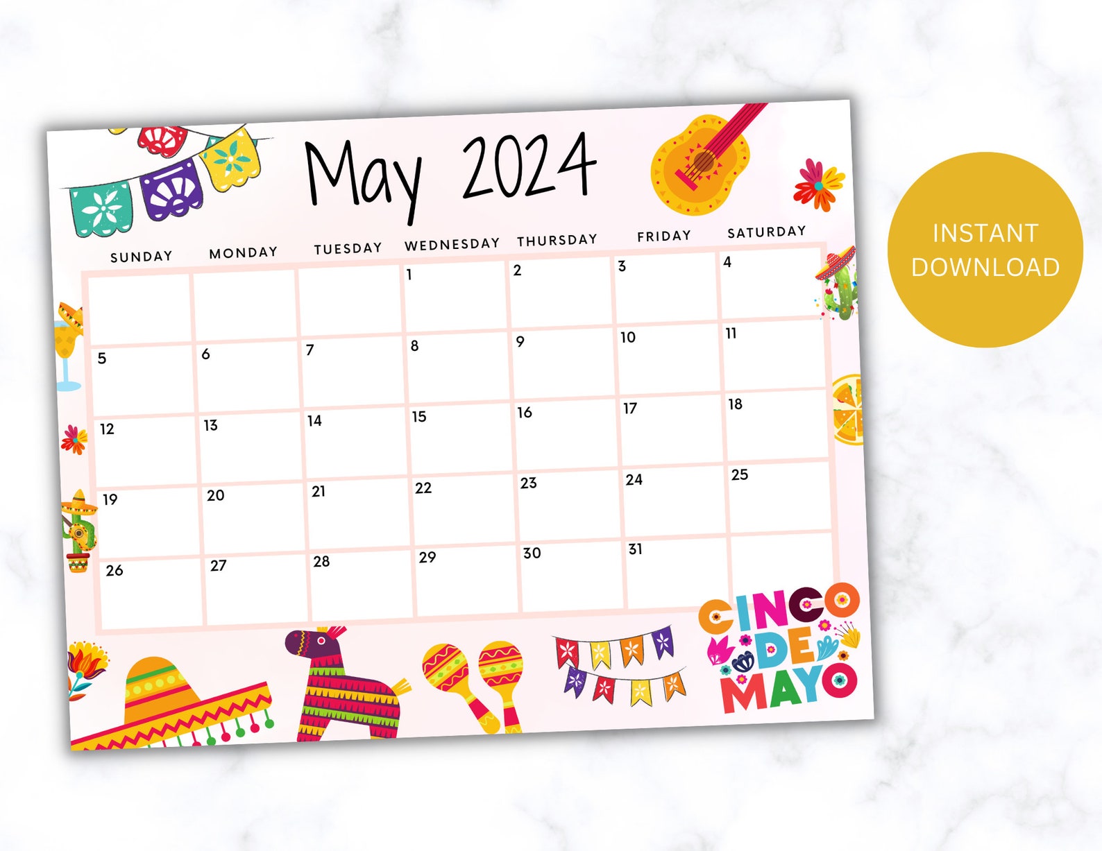 EDITABLE May 2024 Calendar, Printable Cute Pink Cinco De Mayo Calendar ...