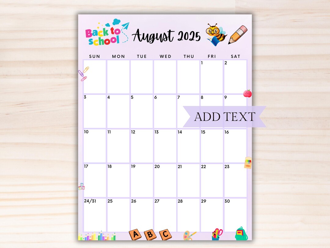 EDITABLE August 2025 Calendar, Purple Printable Calendar W/ Back to ...