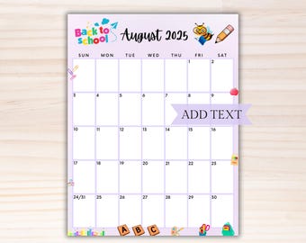 August Printable Monthly Calendar- Back to School - Etsy
