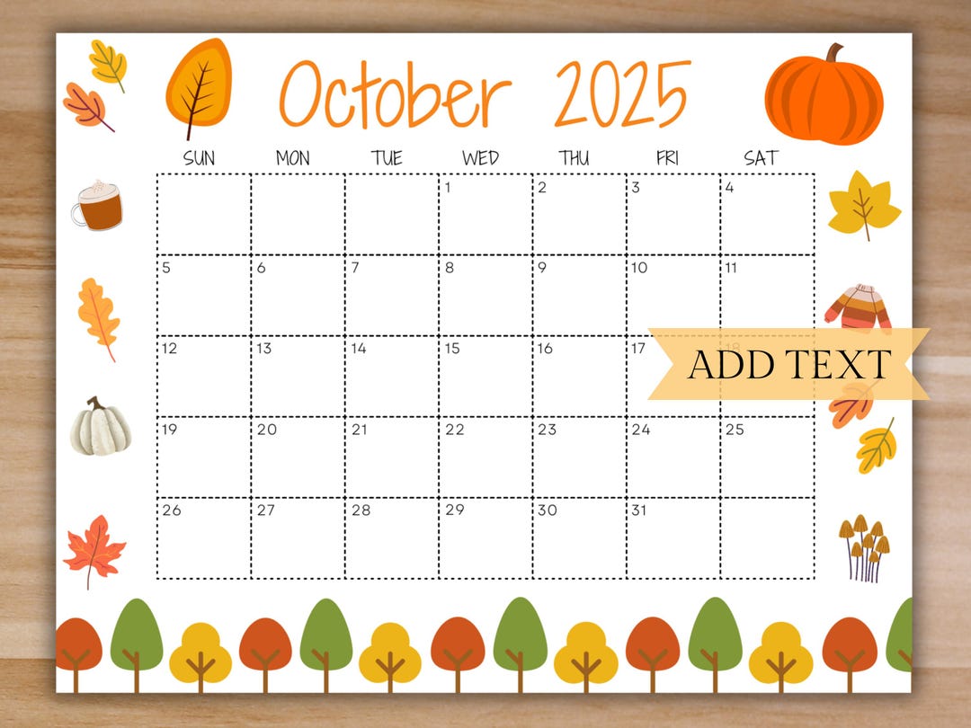 Editable October 2025 Calendar, Printable 2025 Wall Calendar W/ Fall ...