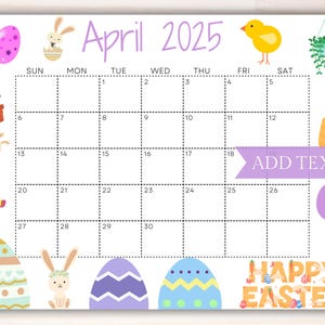 EDITABLE April 2025 Calendar, Printable Easter Calendar Purple Easter ...