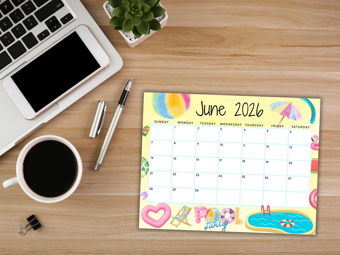 Editable June 2026 Calendar, Printable Sunny Summer Calendar, Cute ...