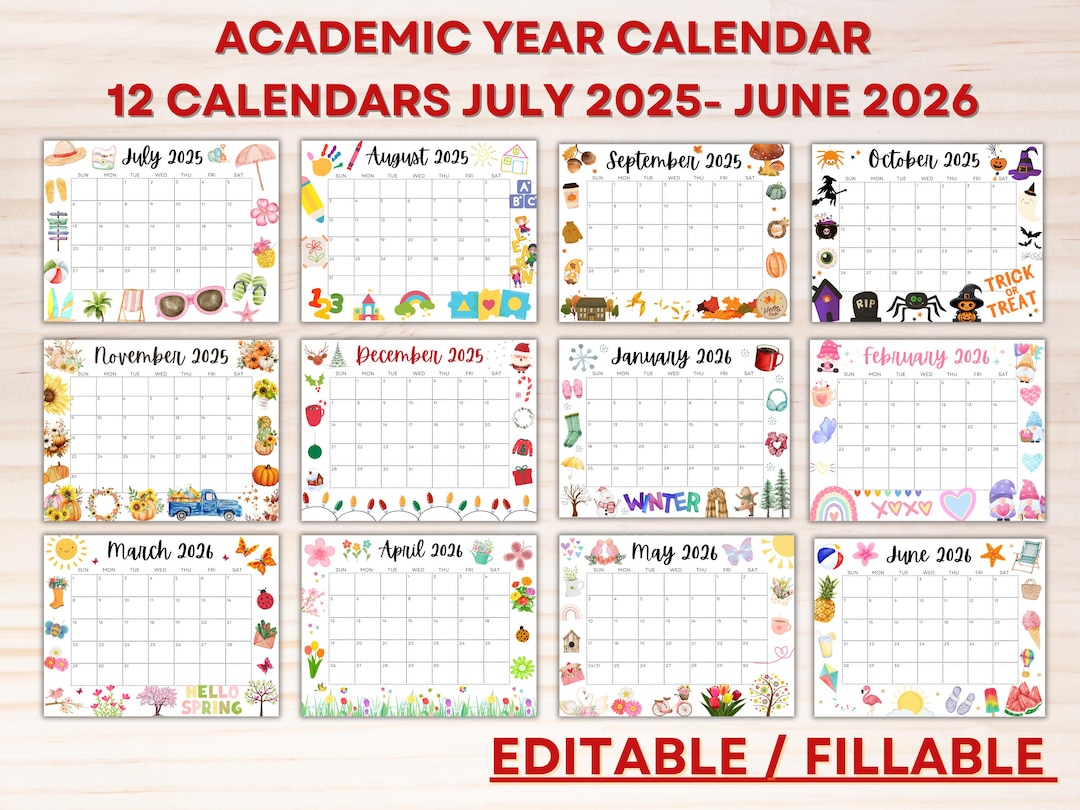 Editable School Calendar 2025-2026 From July to June- Printable School ...