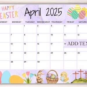 EDITABLE April 2025 Easter Calendar, Printable Calendar Purple Easter ...