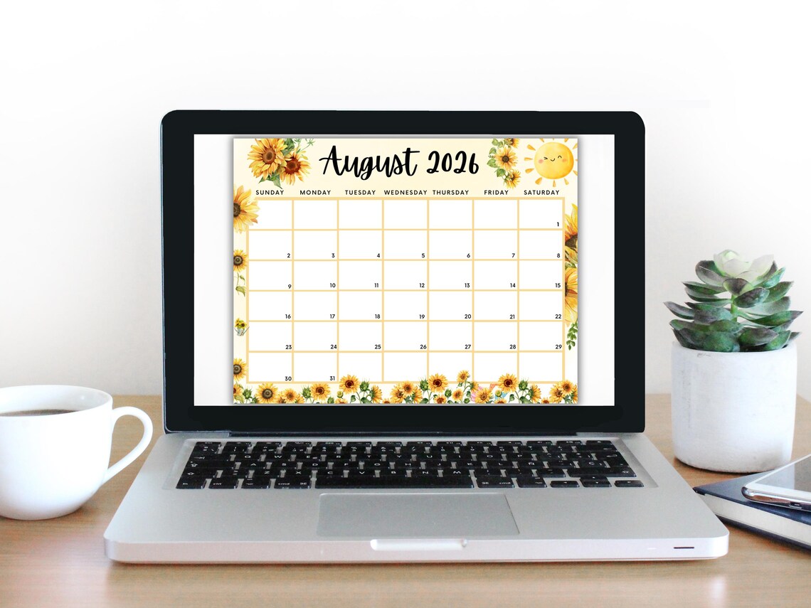 EDITABLE August 2026 Calendar, Printable Calendar, Sunflowers Calendar ...