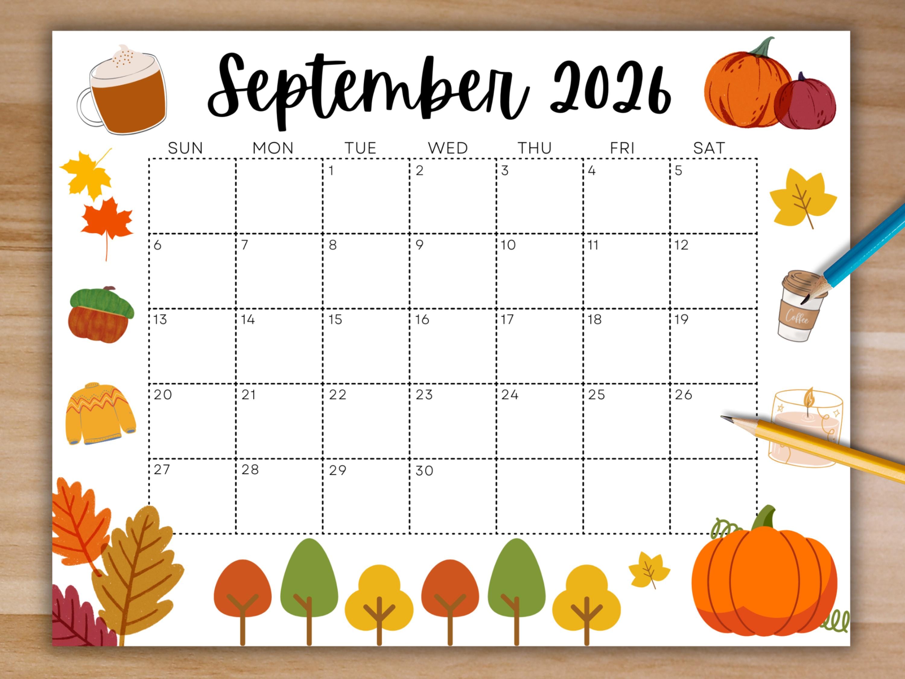 Printable September 2026 Calendar, Editable Fall Kids School Schedule ...