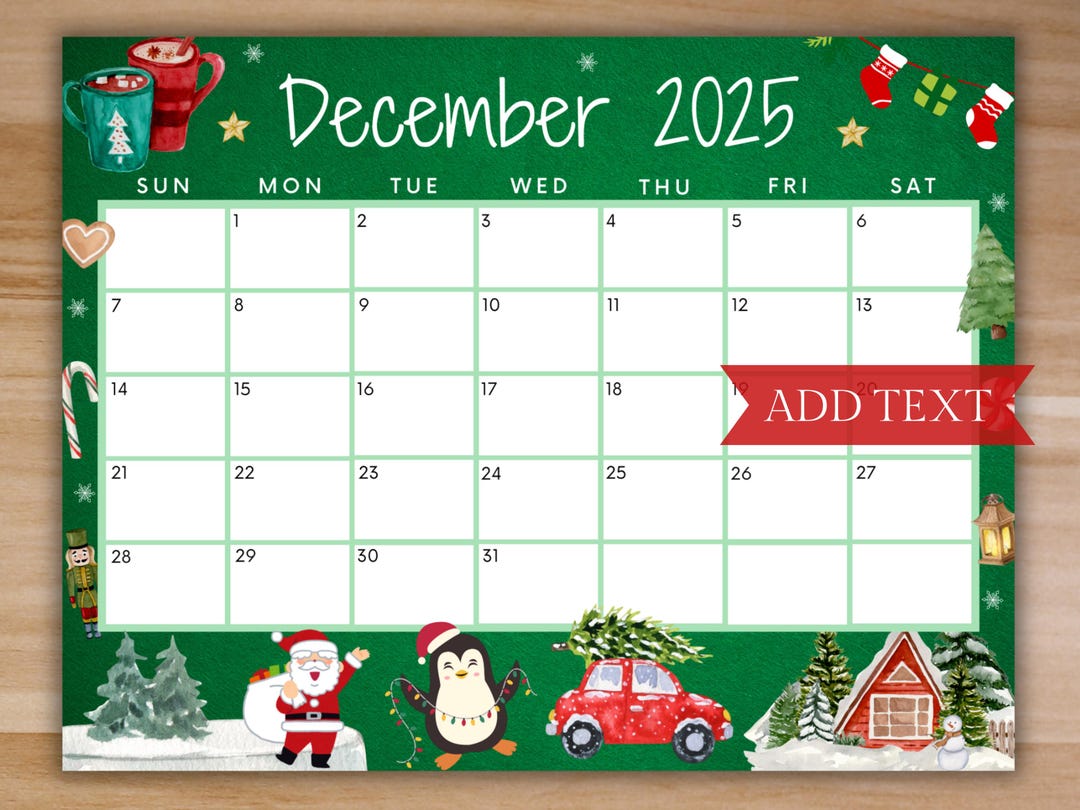 Editable December 2025 Calendar, Christmas Calendar, Holiday Calendar ...