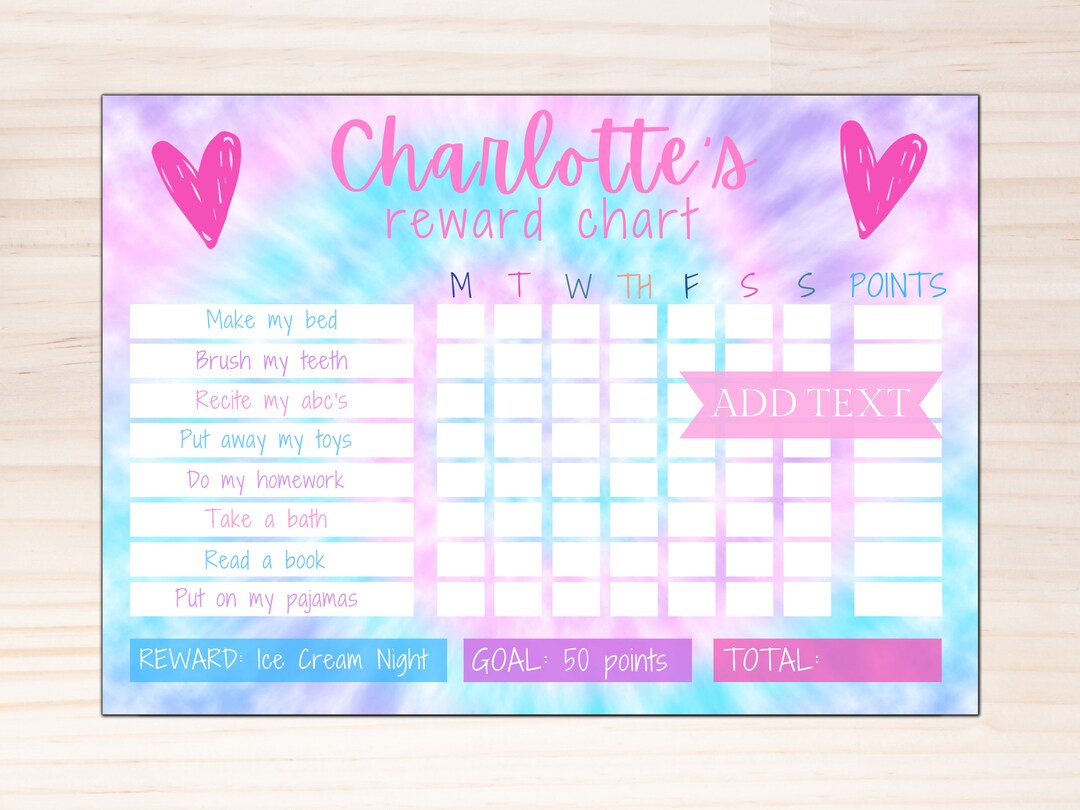 Editable Kids Chore Chart Tie Dye Colors, Kids Tie Dye Reward Chart ...
