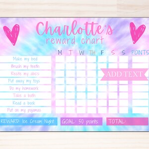 Editable Kids Chore Chart Tie Dye Colors, Kids Tie Dye Reward Chart ...