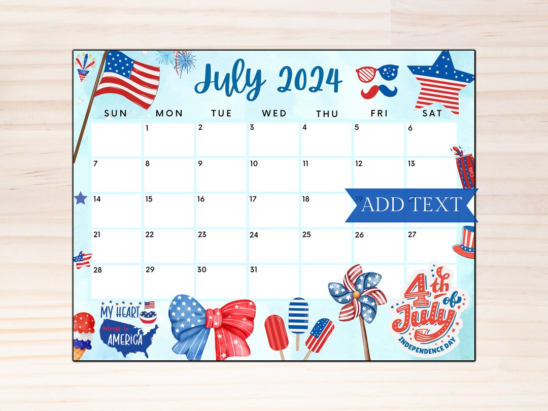Editable Fourth of July 2024 Calendar, Printable Summer Calendar w ...