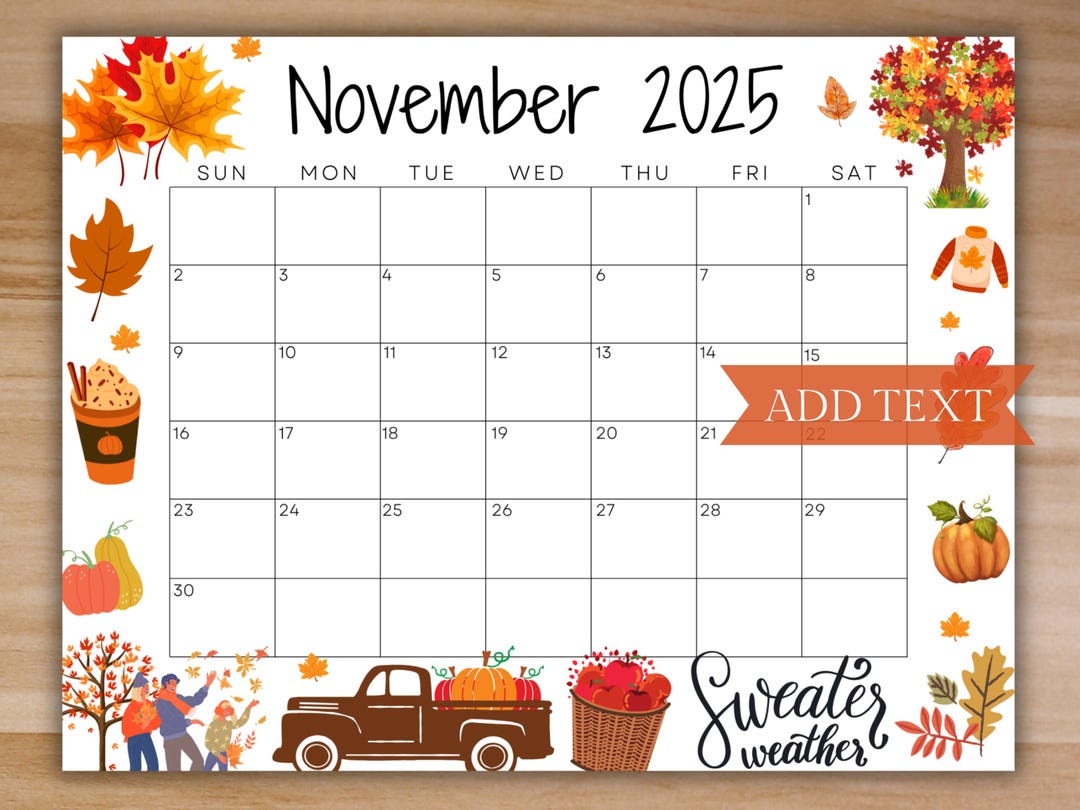 Editable November 2025 Calendar, Printable Fall Calendar W/ Pumpkins ...