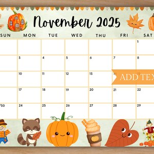 Editable November 2025 Calendar, Printable Calendar W/ Fall Leaves and ...
