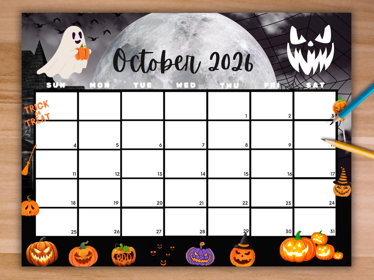 Editable October 2026 Calendar, Printable Calendar, 2026 Spooky ...