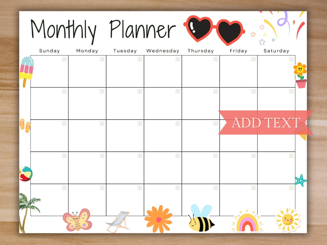 Editable Monthly Planner, Printable Planner W/ Sunglasses, School ...