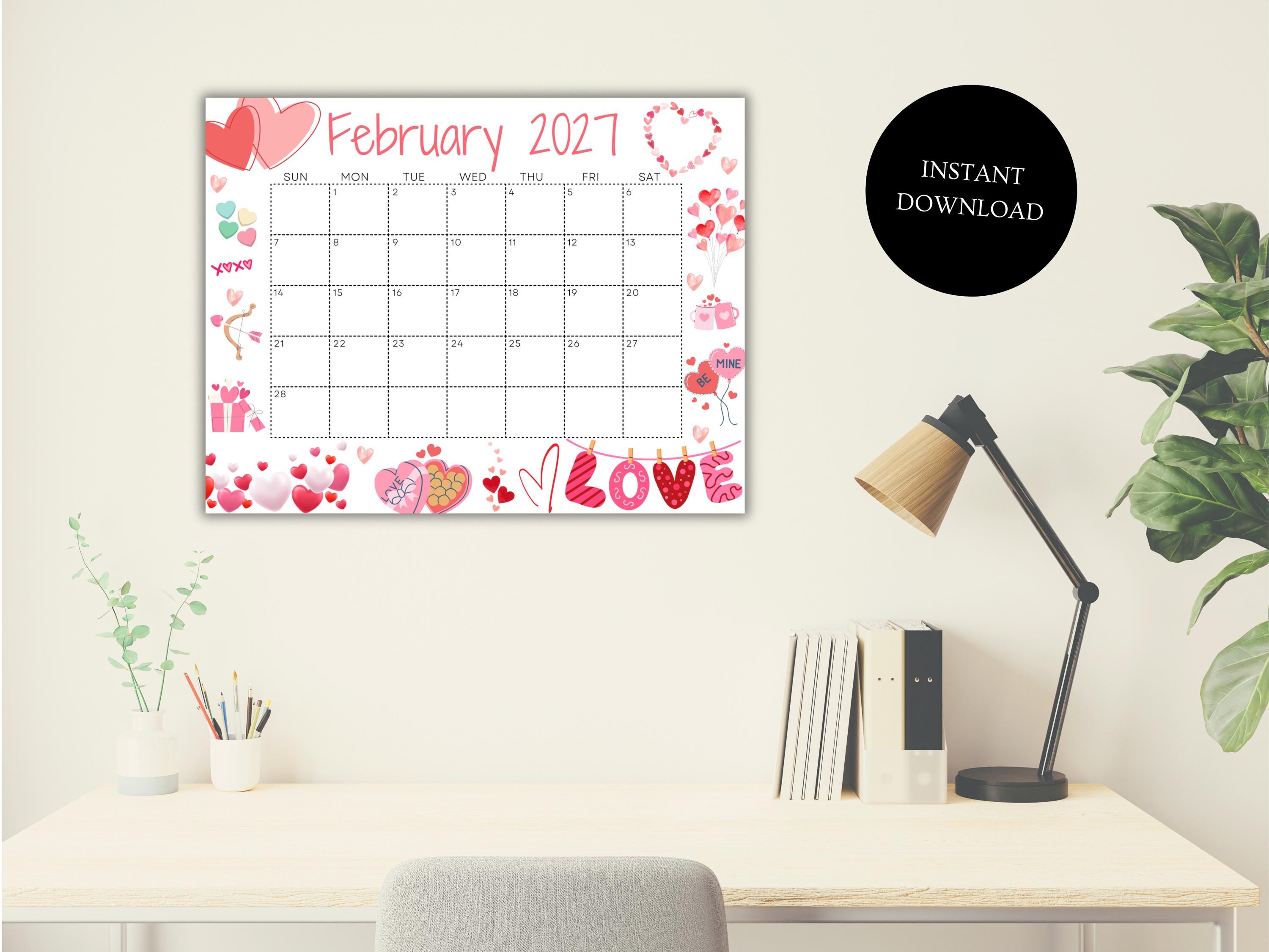 Editable February Calendar 2027, Printable Wall Calendar, Cute Calendar ...