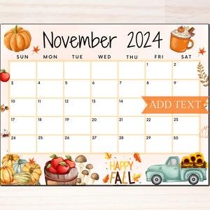 Editable November 2024 Calendar, Printable Wall Calendar 2024, Fall ...