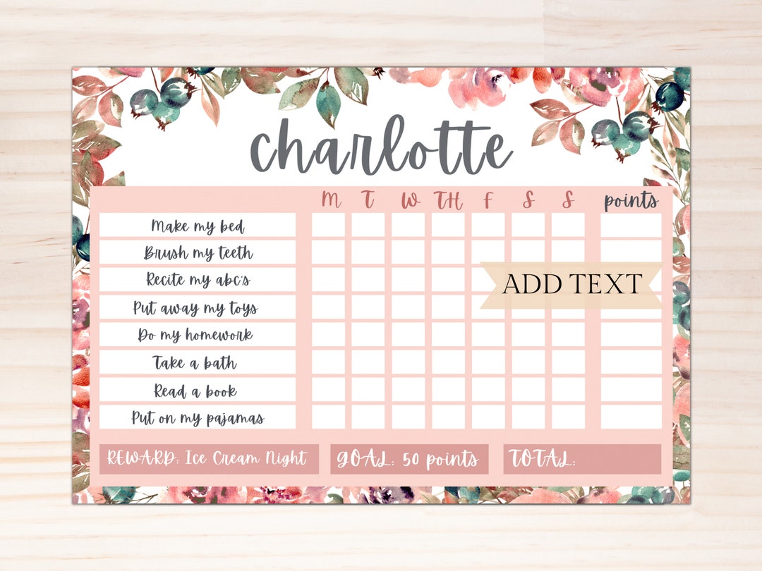 Editable Kids Chore Chart, Girl Reward Chart, Daily Chore Chart W/ Pink ...