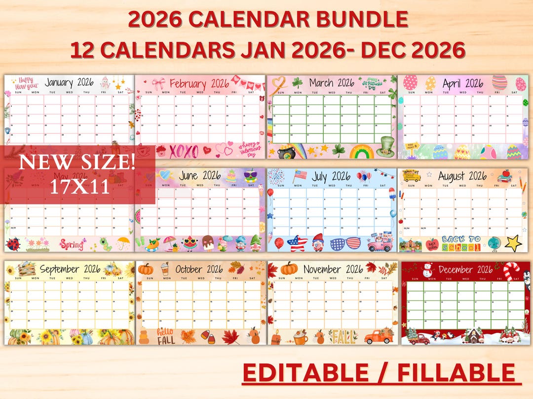 Editable Calendar 2026 Bundle- Printable Calendars Colorful Cute- Kids ...