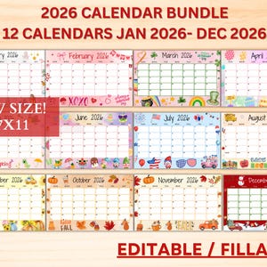 Editable Calendar 2026 Bundle- Printable Calendars Colorful Cute- Kids ...