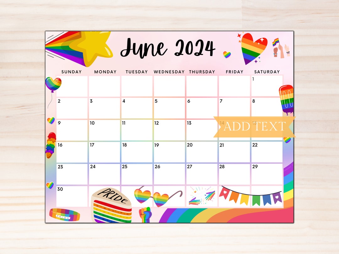 Printable June 2024 Calendar, Editable Kids Calendar, Cute Rainbow ...