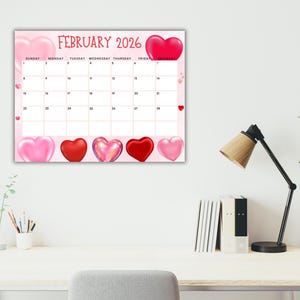 Editable February 2026 Calendar, Printable Valentine's Day Calendar W ...