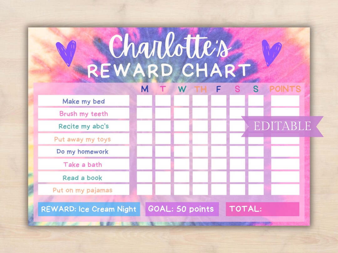 Editable Kids Tie Dye Chore Chart, Tie Dye Reward Chart, Weekly Chore ...
